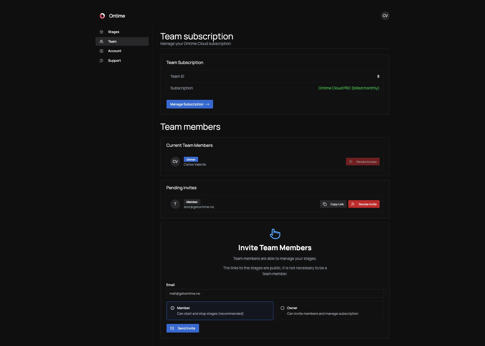 Manage your team | Ontime documentation